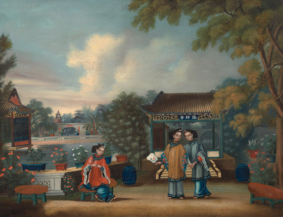 Bonhams : TWO PAINTINGS OF NOBLE LADIES IN GARDENS Canton School, circa ...