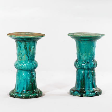 Bonhams Skinner : Pair of Tall Green-glazed Pottery Stands
