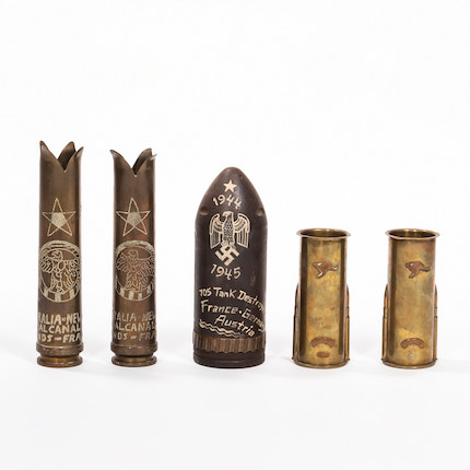 Bonhams Skinner : Two Pairs of World War II Trench Art Vases and an ...