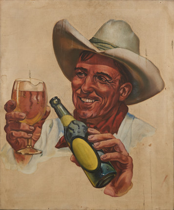 Bonhams Skinner : Advertising Painting of a Cowboy Drinking Beer