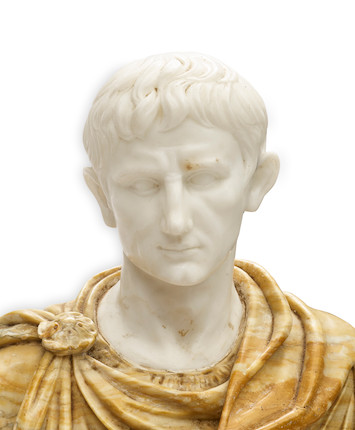 Bonhams : A PAIR OF CARVED MIXED MARBLE BUSTS OF ROMAN FIGURES