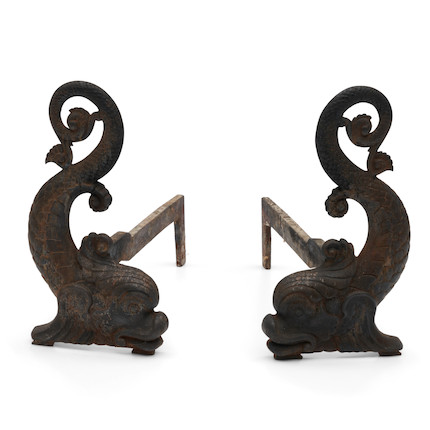 Bonhams Skinner : Pair of Cast Iron Heraldic Dolphin Andirons