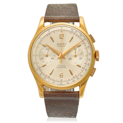 Bonhams : CAMY, GENÈVE. AN 18K GOLD MANUAL WIND CHRONOGRAPH WRISTWATCH