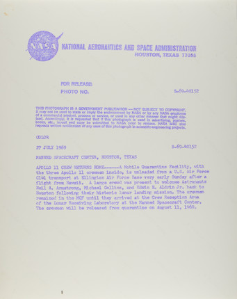 Bonhams : APOLLO 11 HORNET PLUS THREE, THE CREW SAFE IN THE MOBILE ...
