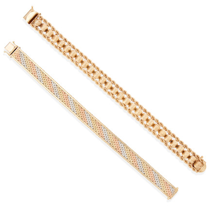 Bonhams : TWO 14K GOLD AND TRI-COLOR GOLD BRACELETS