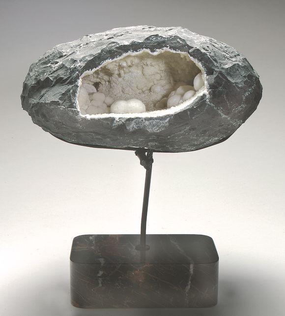 Bonhams : Okenite Geode on Stone and Iron Base