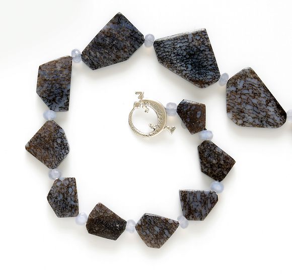 Bonhams : Blue Dinosaur Bone and Chalcedony Necklace