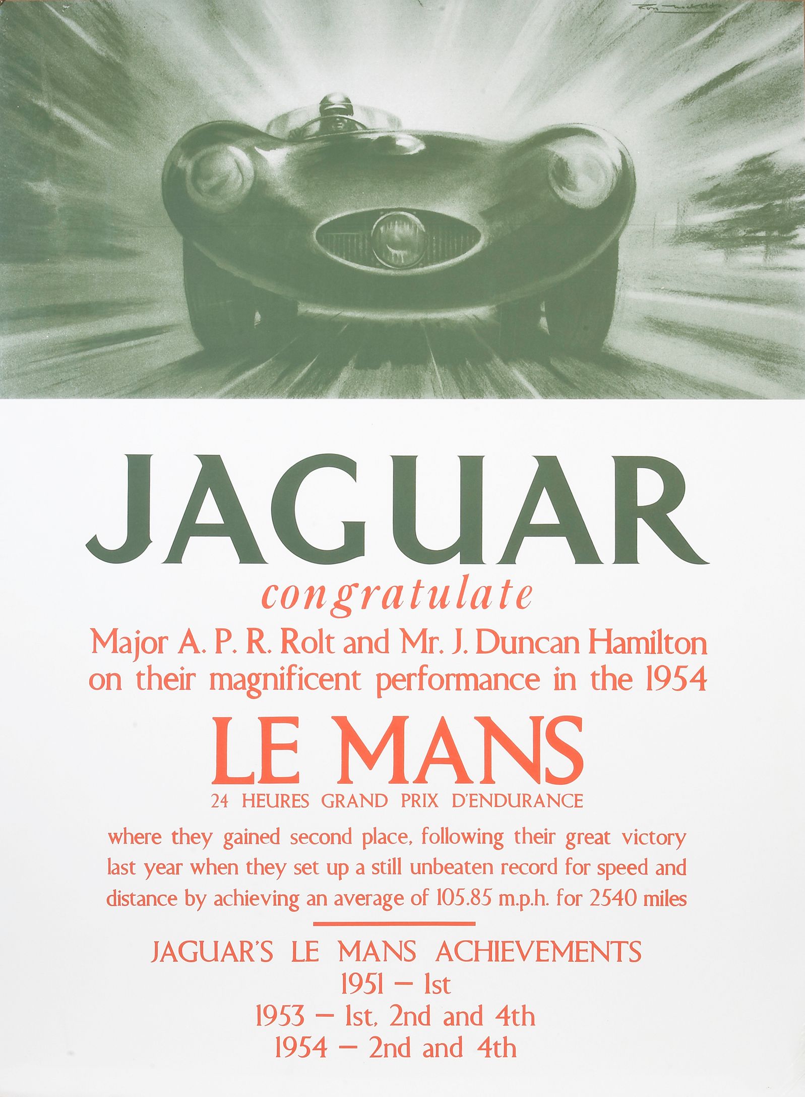 Bonhams Cars : A Jaguar 1954 Le Mans Victory Poster, 39½ x 29½in.