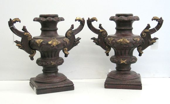 Bonhams : A pair of Baroque style painted and parcel gilt wood finials