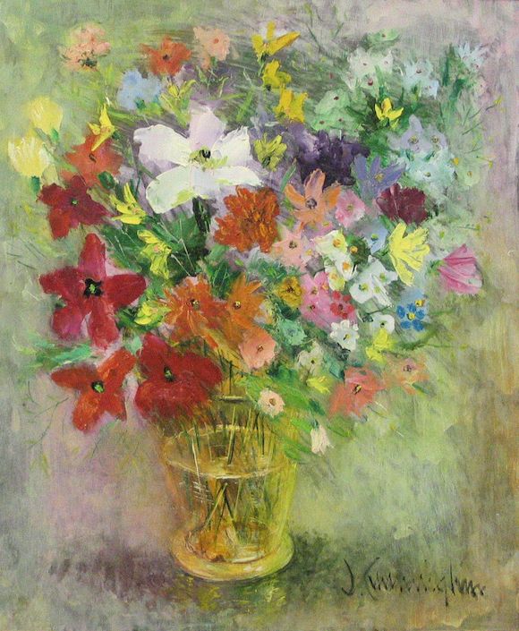 Bonhams : J. Cunningham Vase of Flowers 24 x 20in