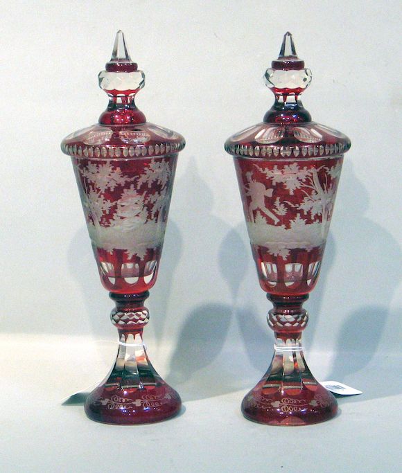 Bonhams : A pair of Bohemian ruby flashed glass covered pokals