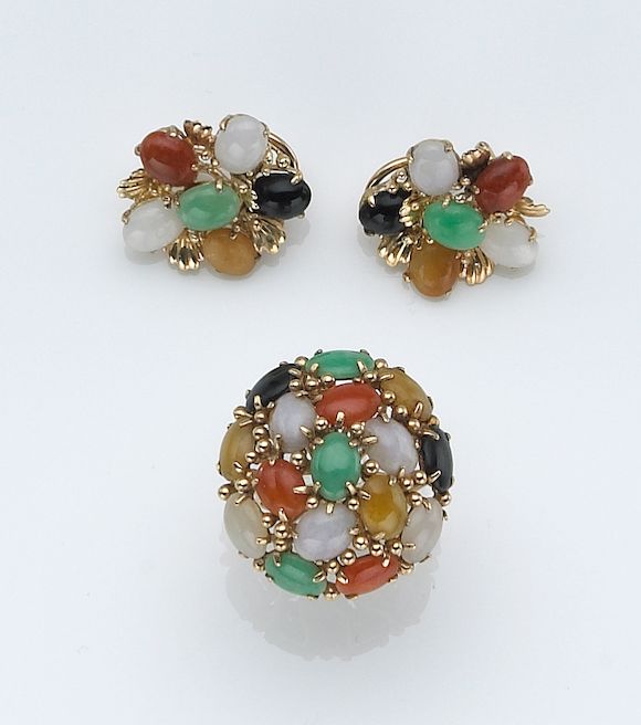 Bonhams : A set of multi-colored jade, 14k gold ring and matching pair ...