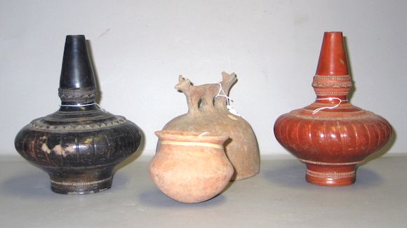 Bonhams : Two Southeast Asian burnished pottery bottles together with a ...