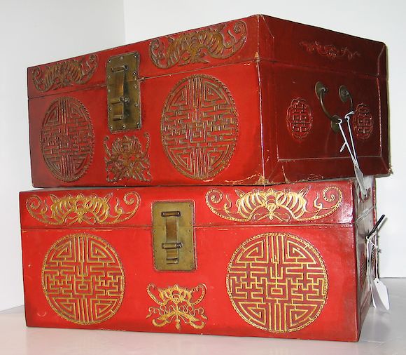 Bonhams : Two Chinese red lacquer pigskin chests
