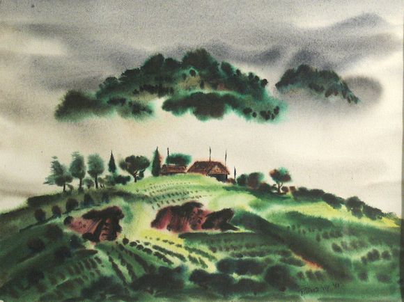 Bonhams : Richard Yip (American 1919-1981) Houses on a hill, 1951 sight ...