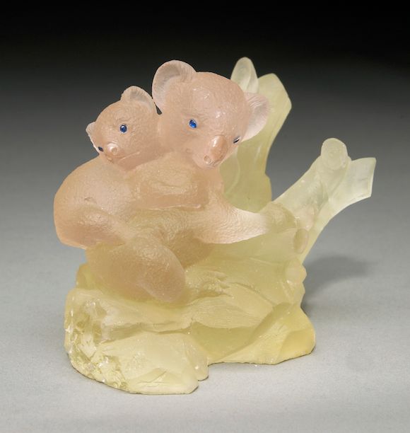 Bonhams : Bi-Colored Beryl Carving of a Koala and Offspring