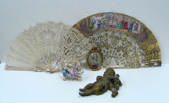 Bonhams : A group of two French fans and a portrait miniature