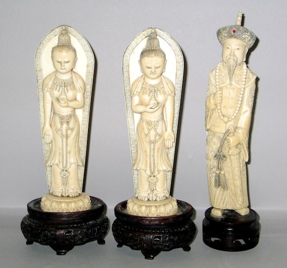 Bonhams : Three carved ivory standing figures