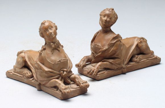 Bonhams : A pair of terracotta small scale models of sphinx