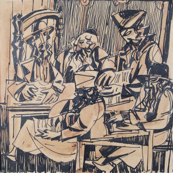 Bonhams : Marcel Janco (Israeli 1895-1984) Men Reading 9 x 9in