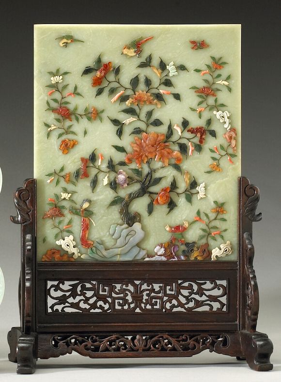Bonhams : An overlay decorated hardstone table screen