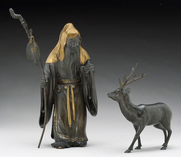 Bonhams : A cast bronze figure of Jurojin and a deer
