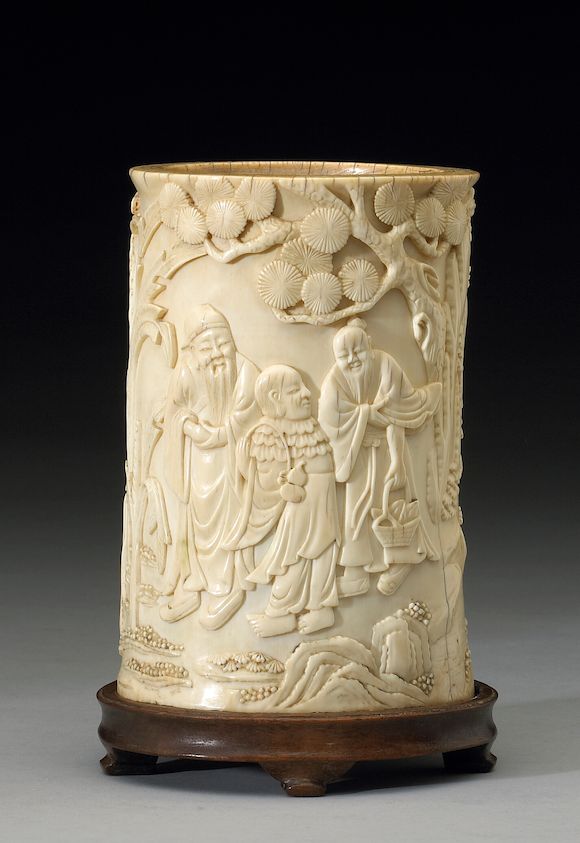 Bonhams : A carved ivory brush pot 19th Century
