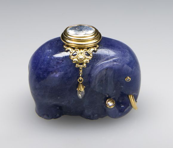 Bonhams : Carved Tanzanite Elephant with Diamonds