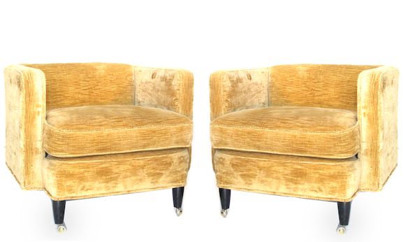 Bonhams : A pair of fully upholstered bucket chairs