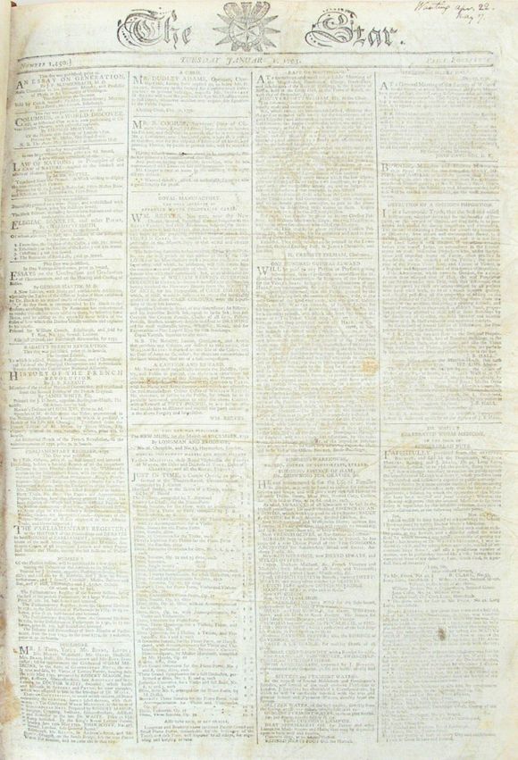 Bonhams : The Star. London J. Mayne, 1793-94. Folio. Being a mostly ...