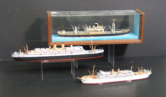 Bonhams : A collection of three waterline wooden hull ship models by ...