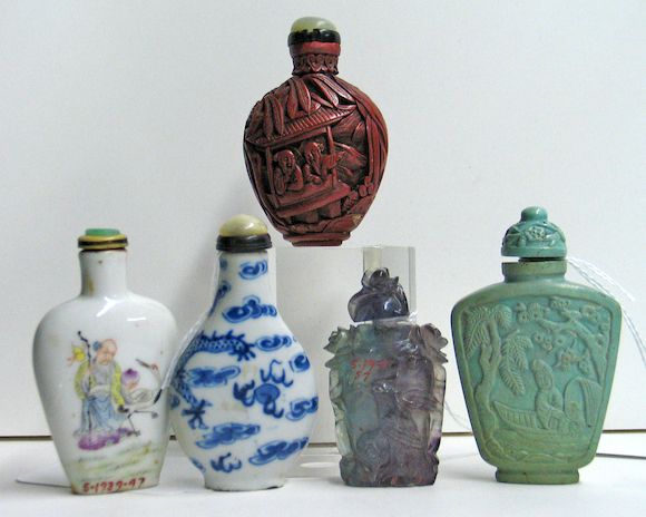 Bonhams : Five assorted snuff bottles 19th and 20th Centuries