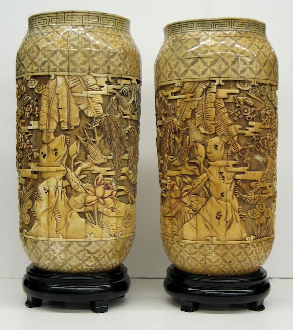 Bonhams : A pair of Asian carved bone veneered vases