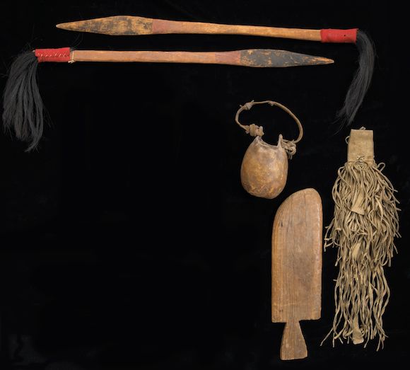 Bonhams : Five Native American items: weaving batten; cup; hide belt ...