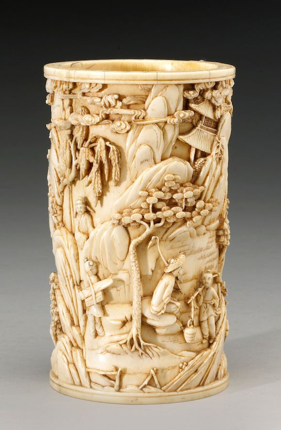 Bonhams : A well carved ivory brush pot 19th Century