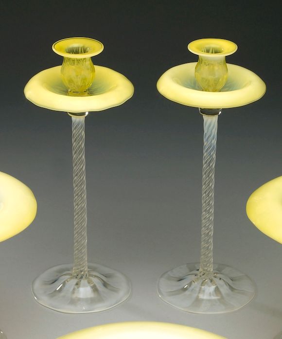 Bonhams : A pair of Tiffany yellow and white pastel Favrile glass ...