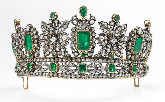 Bonhams : An emerald, foil-back beryl, diamond and silver-topped gold tiara