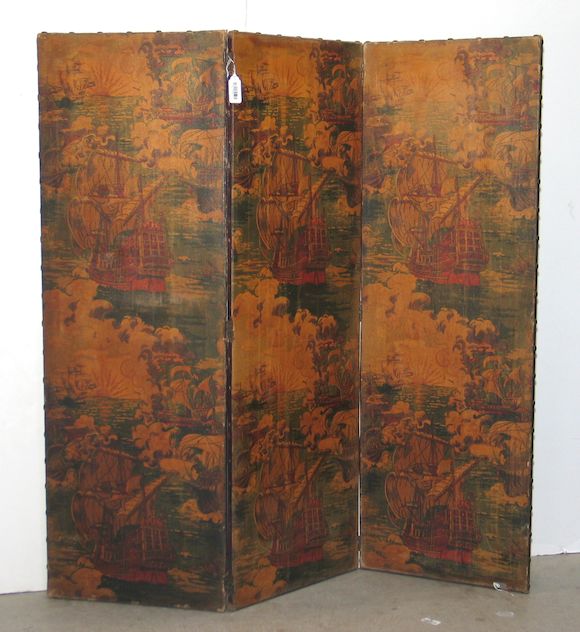 Bonhams : A three panel polychrome painted floor screen