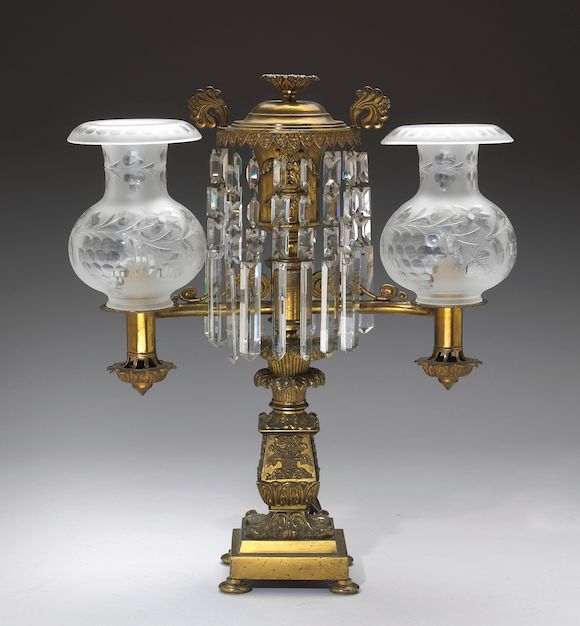 Bonhams : A gilt bronze and cut glass Argand oil lamp