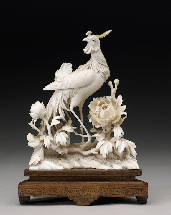 Bonhams : A carved ivory phoenix and peony study