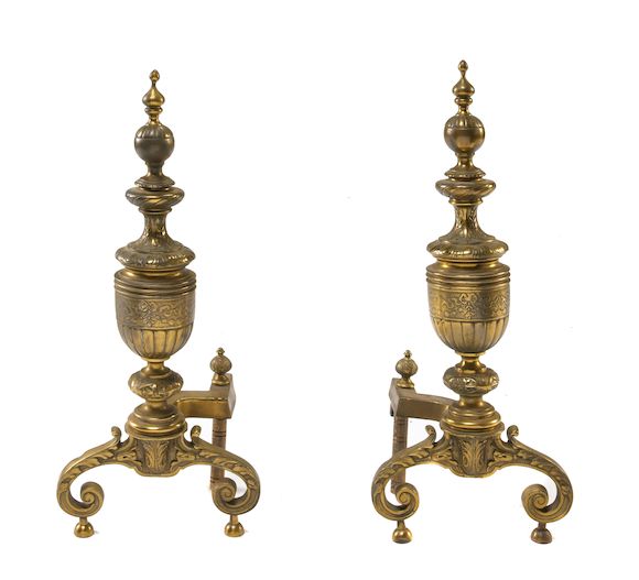 Bonhams : A pair of Baroque style brass andirons