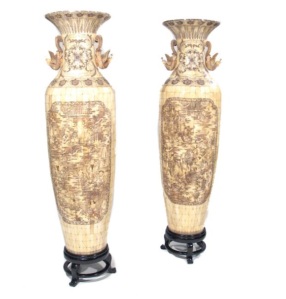 Bonhams : A pair of Chinese carved bone veneer vases on stands