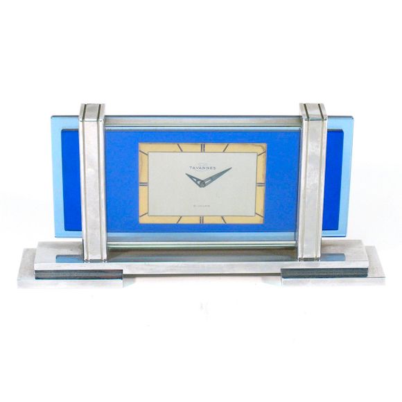 Bonhams : A Tavannes chromed metal and blue glass desk clock in a ...