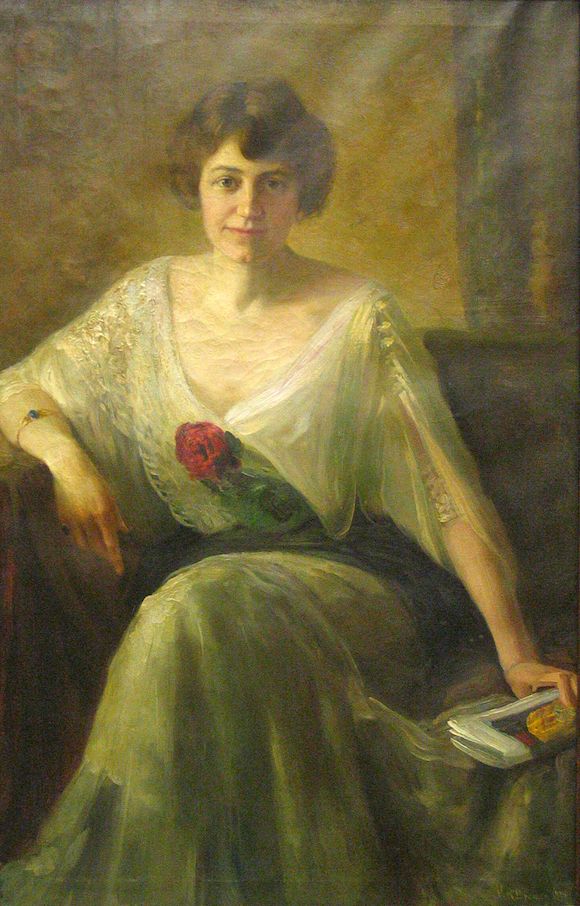 Bonhams : Nicholas Richard Brewer (American 1857-1949) A portrait of a woman in white with a red ...