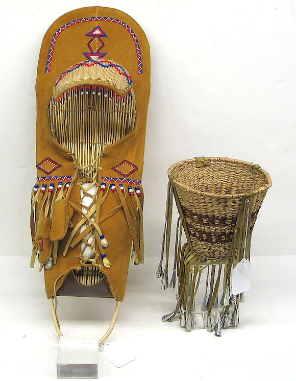 Bonhams : A Paiute beaded basketry cradle and an Apache burden basket