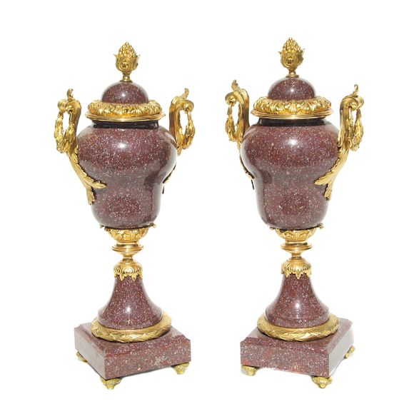 Bonhams : A pair of porphyry bronze mounted urns