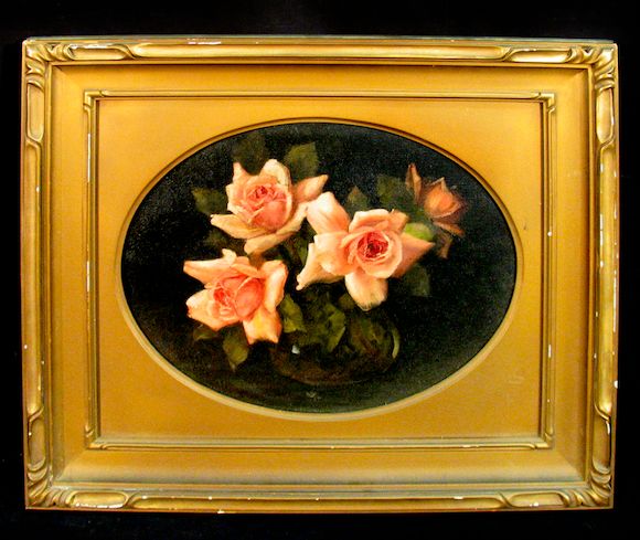 Bonhams : William Barr (American 1867-1933) Pink Roses in a Vase 14 x 18in