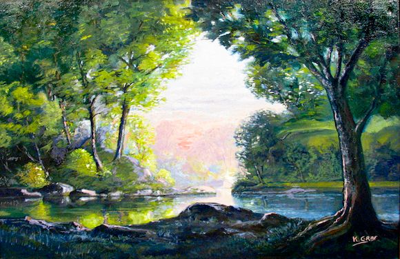 Bonhams : K. Graf (American 20th century) A River Landscape with Pink ...