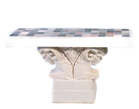Bonhams : A cast stone console table with marble veneered top and rams ...