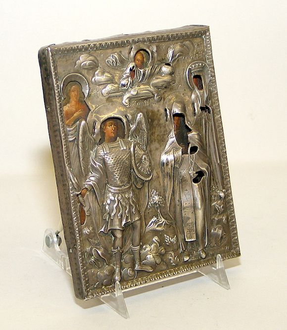 Bonhams : A Russian silver and painted wood icon